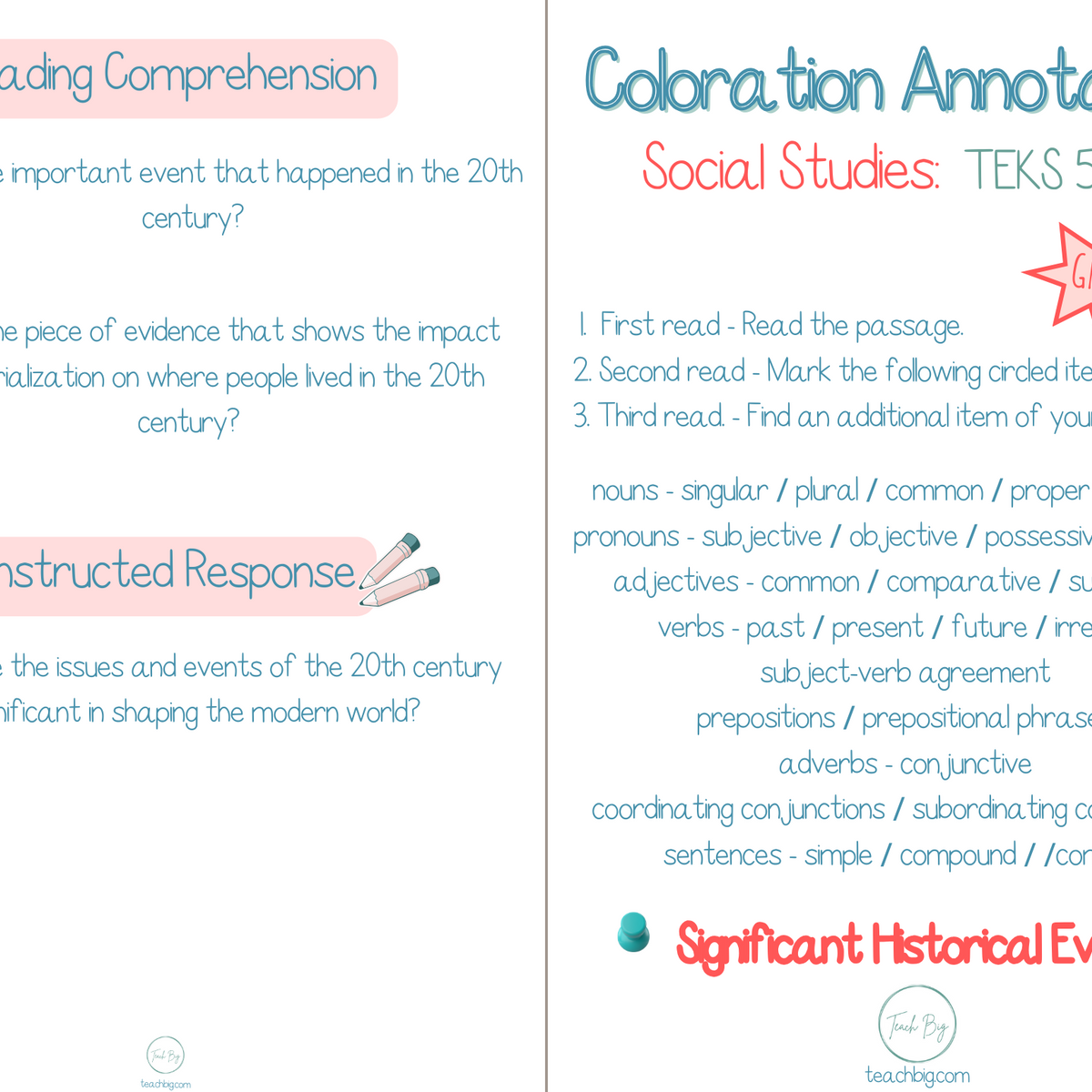 5th Grade Coloration Annotation : Social Studies - Grammar – Teach Big!