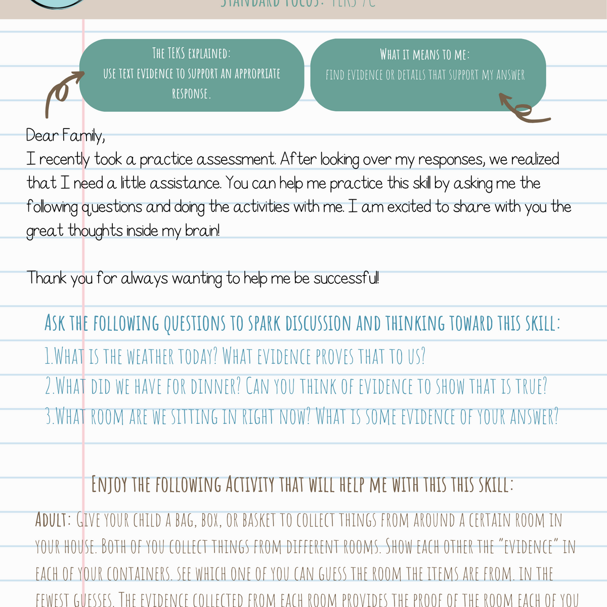 Home to School - TEKS 7C | This TEKS-specific letter can be used based ...